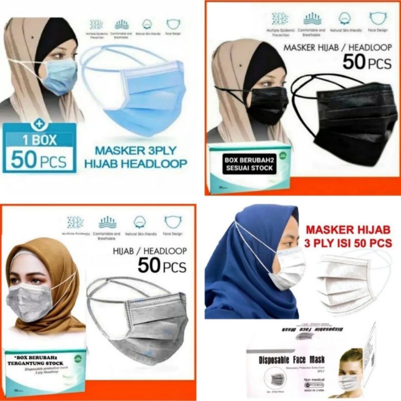 Jual MASKER HEADLOOP 3PLY HIJAB ISI 50pcs MURAH | Shopee Indonesia