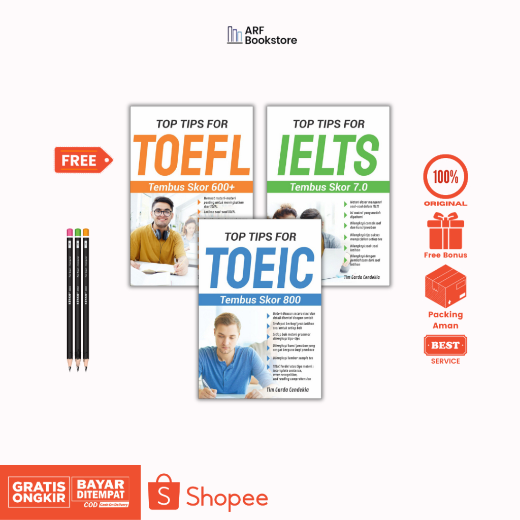 Jual BUKU SERI TOP TIPS FOR TOEFL/IELTS/TOEIC - GARDA CENDEKIA | Shopee ...