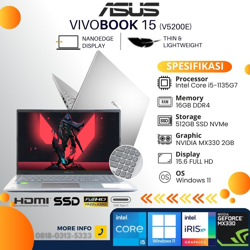 Jual Laptop ASUS V5200E - i5-1135G7 - 16GB - 512GB SSD - NVIDIA MX350 ...