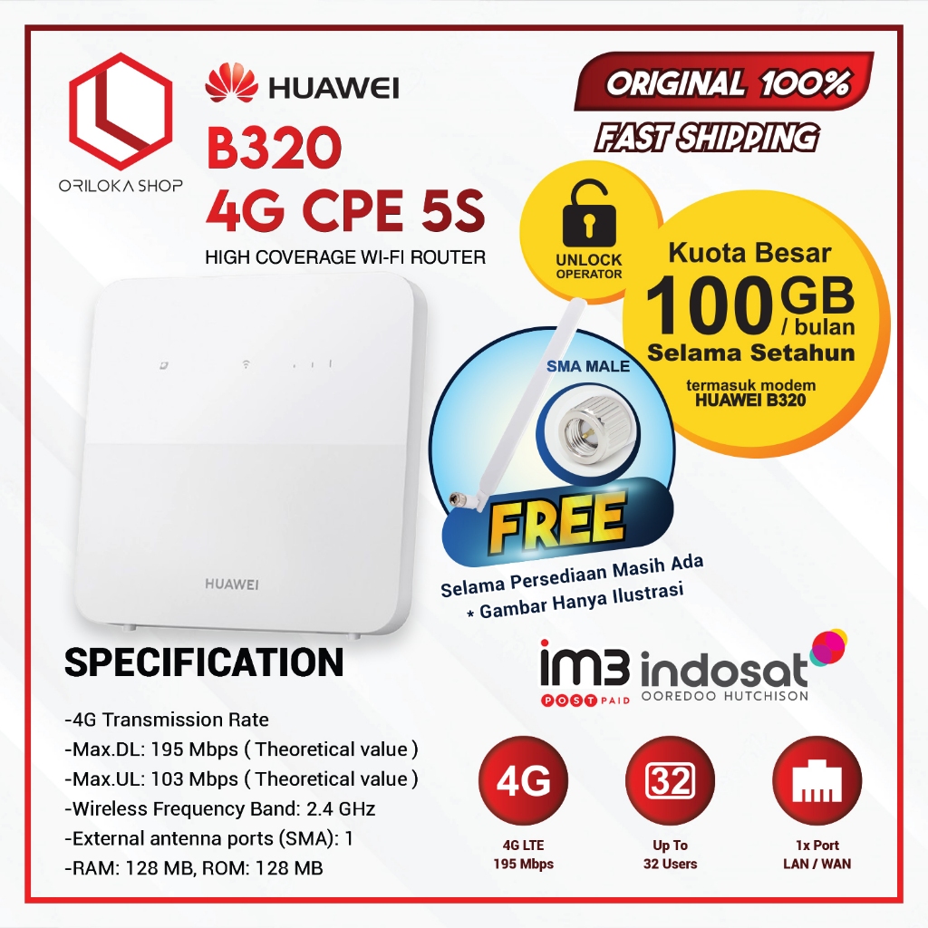 Jual Huawei B320 Indosat IM3 4G Modem Router Wifi Free kuota 1200GB ...