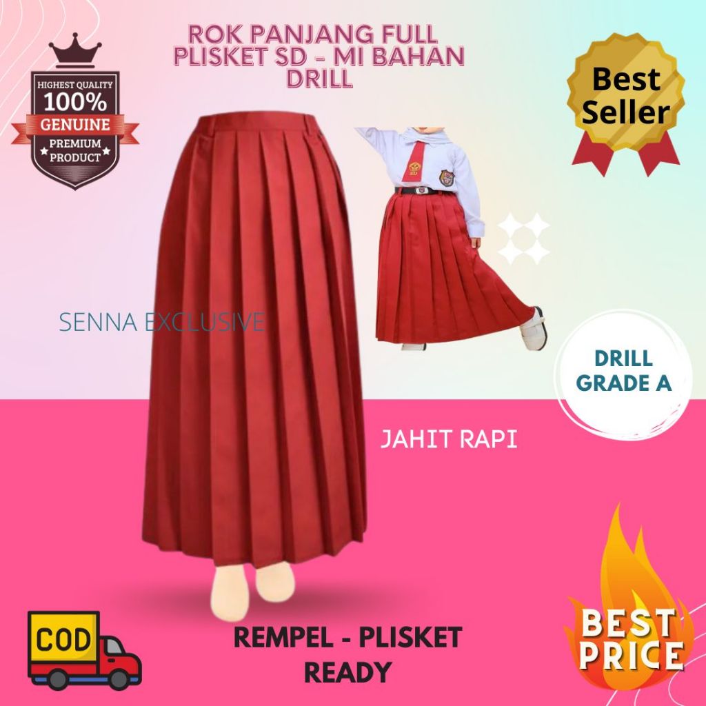 Jual Rok Panjang Merah Plisket Drill Purnama Senna Exclusive Asli Seragam Sekolah SD Rok Rempel ...