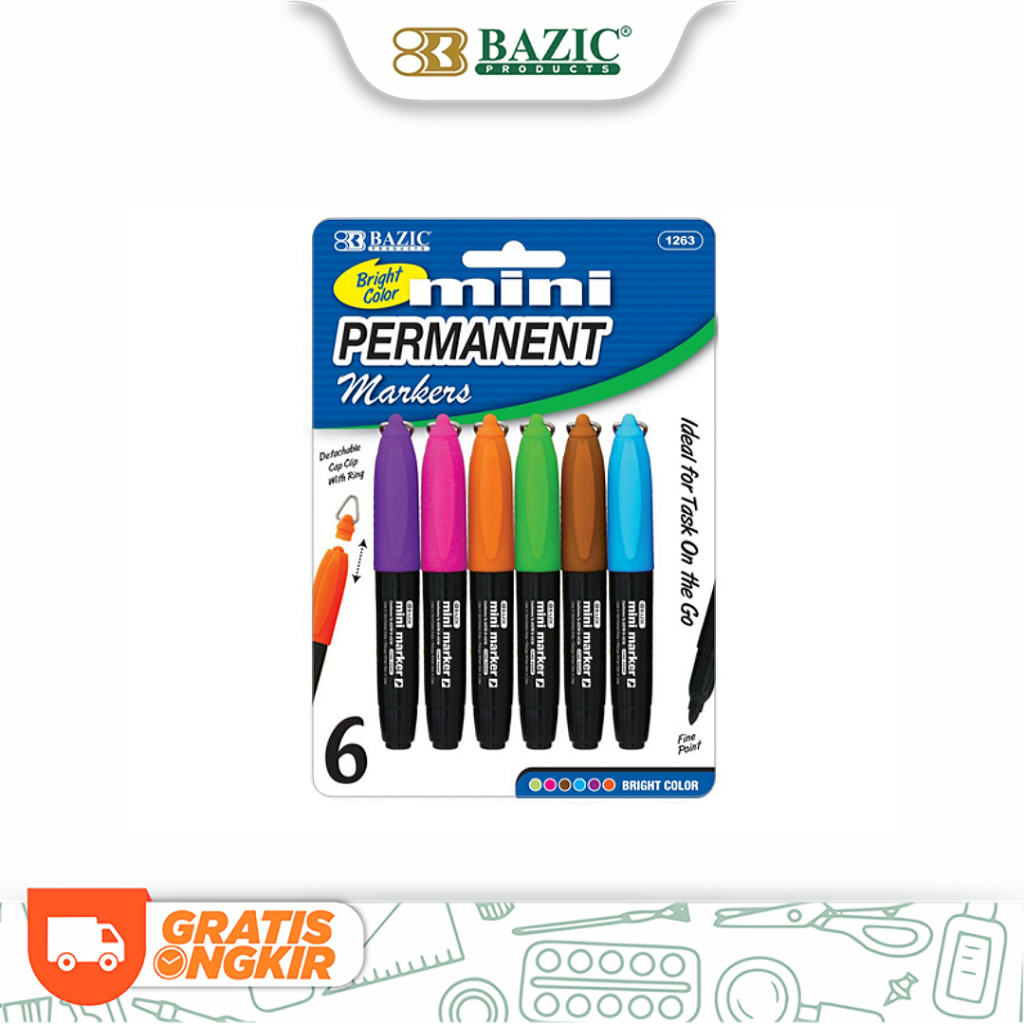 Jual Bazic Mini Permanent Markers 6 Colors w/ Cap Clip - Spidol ...