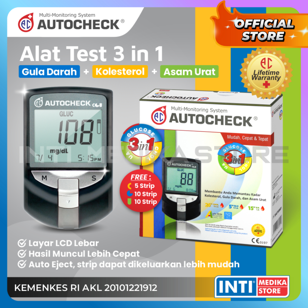 Jual AUTOCHECK - Alat Cek 3in1 GCU Gula Darah + Kolesterol + Asam Urat ...