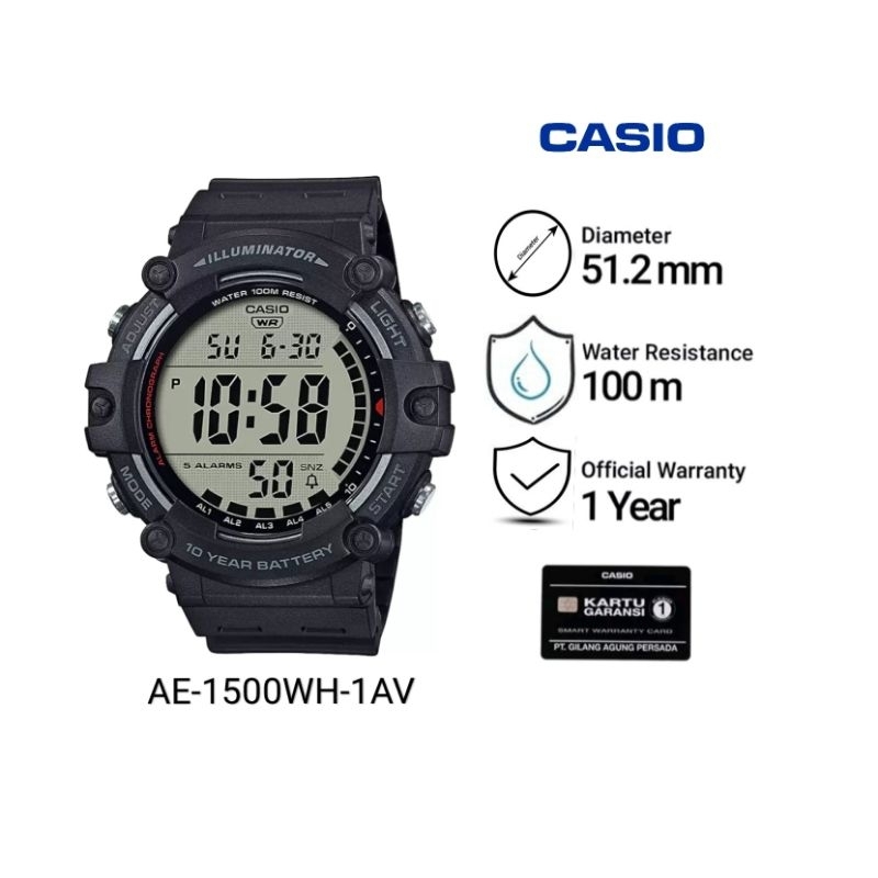 Jual Jam Tangan Casio dengan Format Digital Pria AE-1500WH-1AV Original, 10 Year baterai life ...