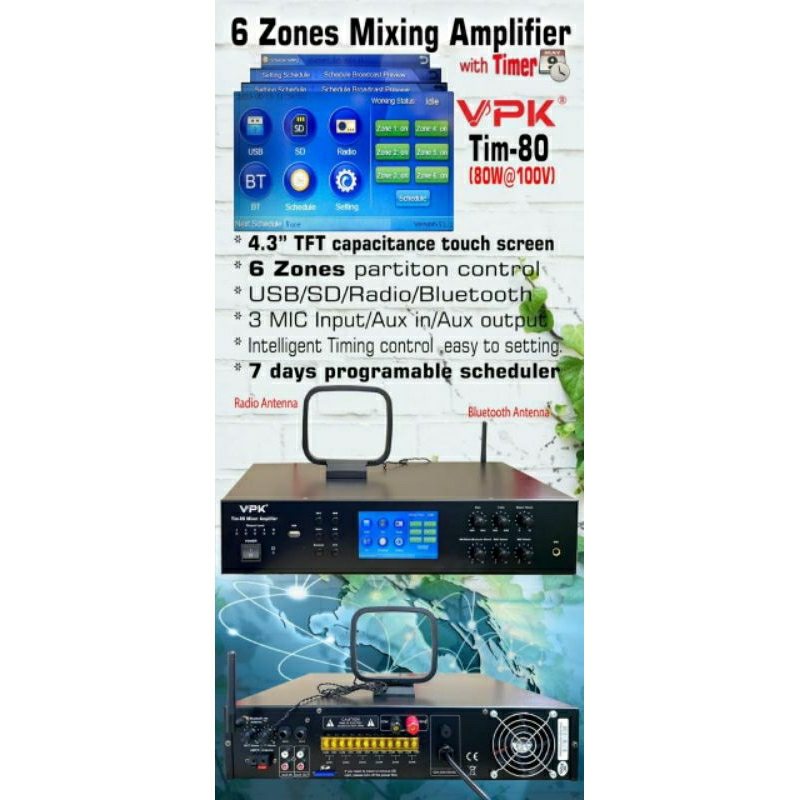 Jual Ampli PA system 6 zones Vpk Tim 80 Tim80 bisa bluetooth dan time ...