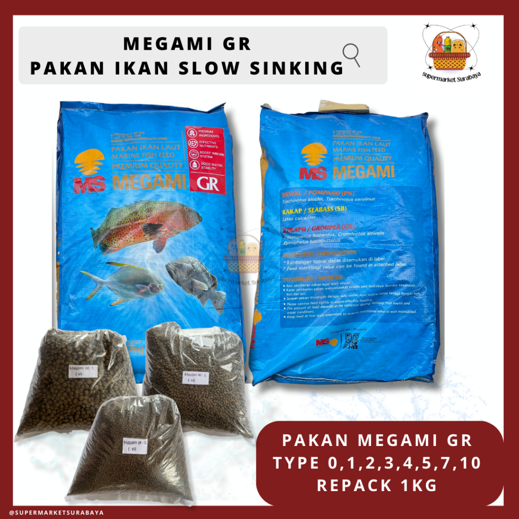 Jual MEGAMI GR PN SB Repack 1 Kg Pelet Pakan Kerapu Kakap Koi Hias ...