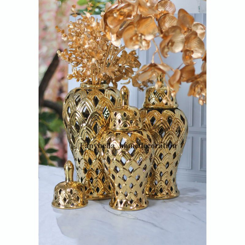 Jual Vas Bunga Keramik Guci Putih Gold Emas Mewah Ginger Jar Dekorasi ...