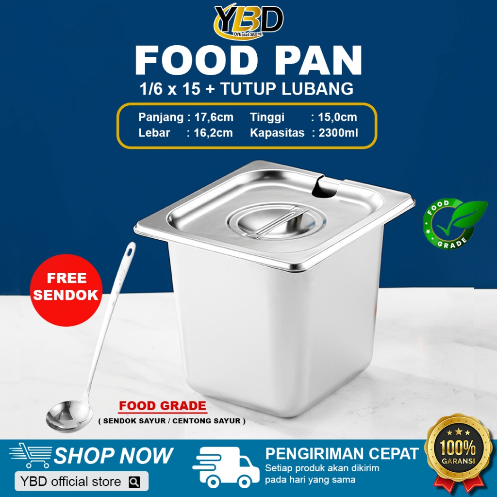 Jual Food Pan Stainless + Tutup lubang 1/6 x 15cm (17,6 x 16,2 x 15cm) / Free Sendok/Centong ...