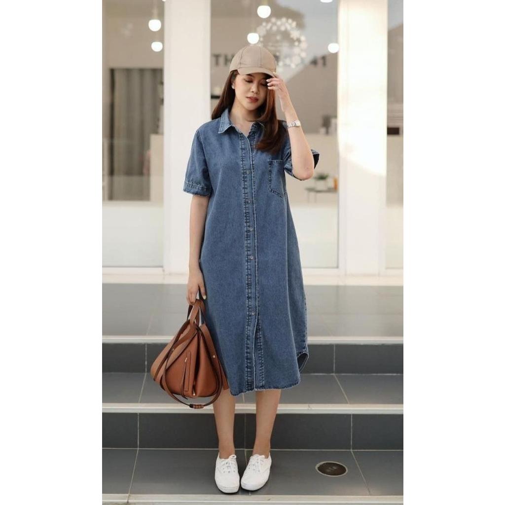 Jual NANDO DRESS DENIM BIRU DAN SNOW DENIM BAHAN JEANS PREMIUM LENGAN ...