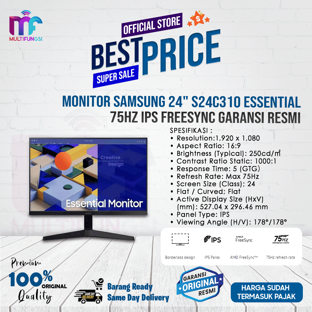Jual SW17 Monitor Samsung 24" S24C310 FHD IPS 75Hz LS24C310 Essential ...