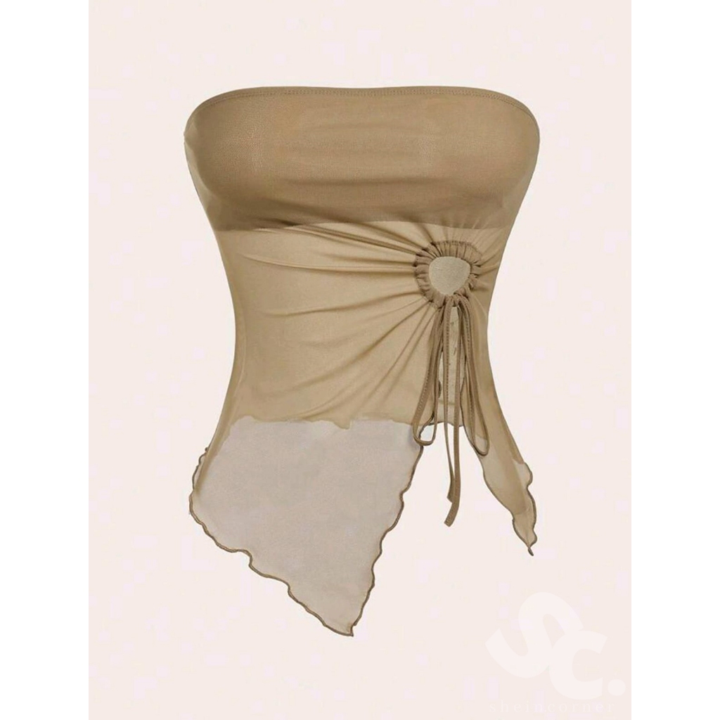 Jual Shein Top Lettuce Trim Drawstring Side Asymmetrical Hem Mesh Tube