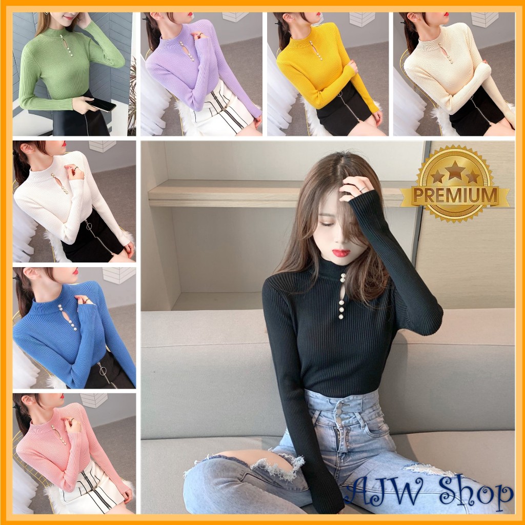 Jual AJW Atasan Rajut Wanita Turtleneck Import Model Terbaru Premium Ti | Kerah Tinggi Lengan ...