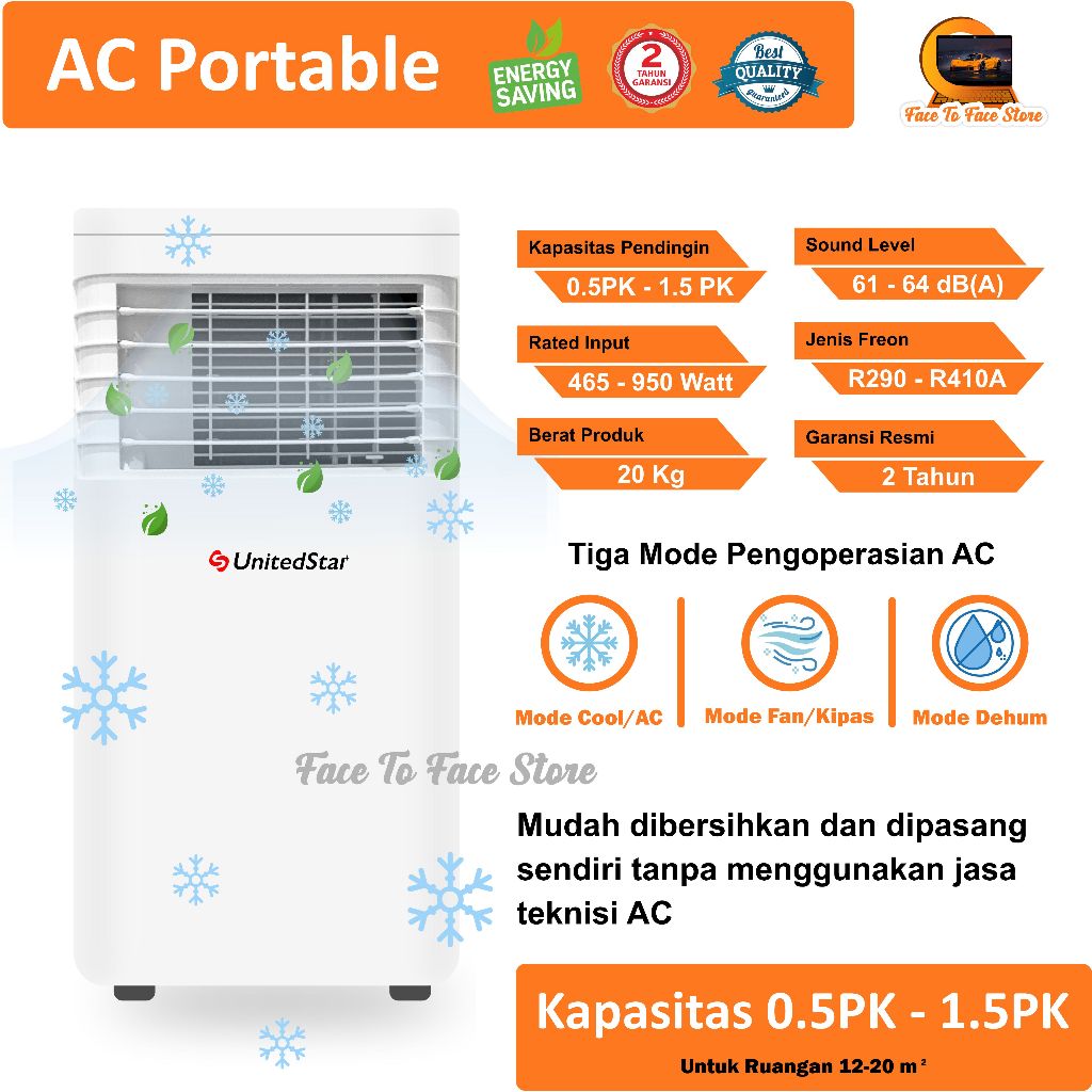 Jual AC Portable Ruangan 1/2PK 3/4PK 1PK 1.5PK 2PK.Low Watt.UnitedStar ...
