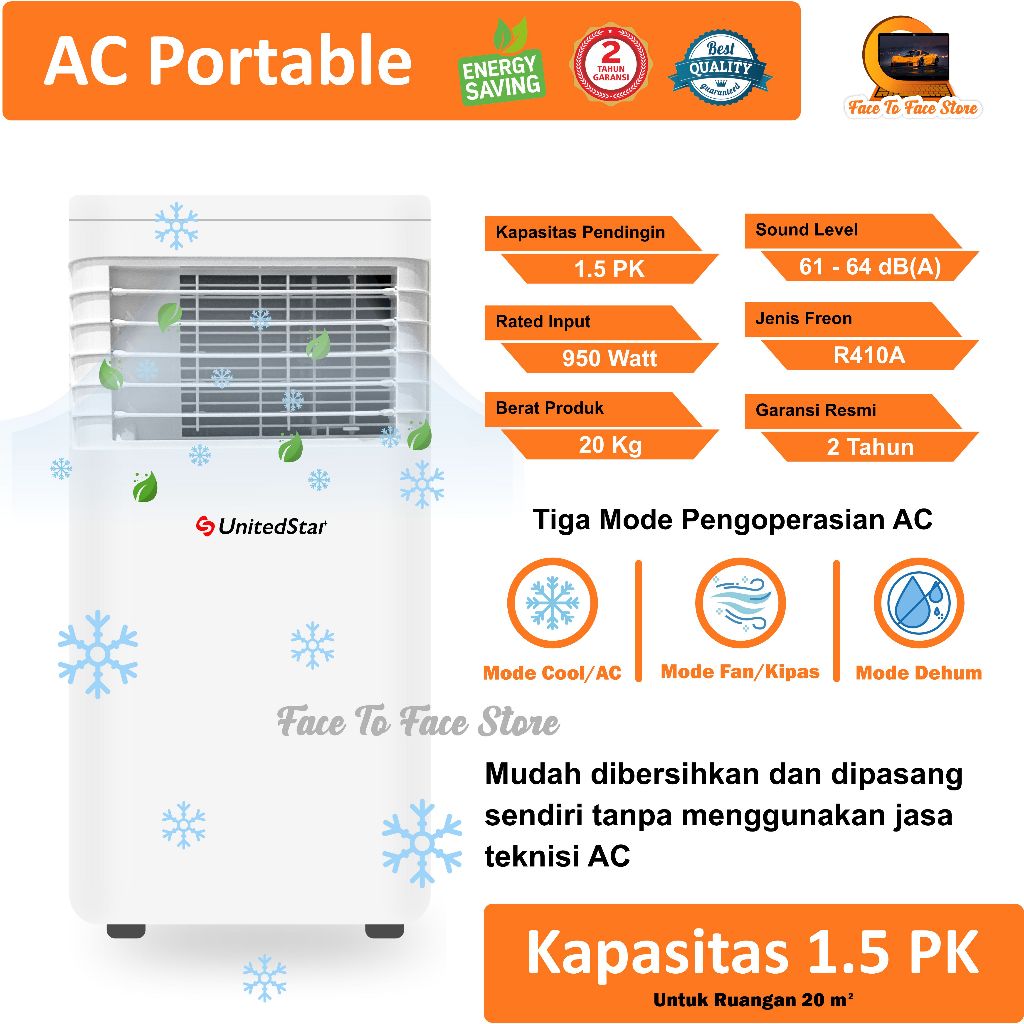 Jual AC Portable Ruangan 1/2PK 3/4PK 1PK 1.5PK 2PK.Low Watt.UnitedStar ...