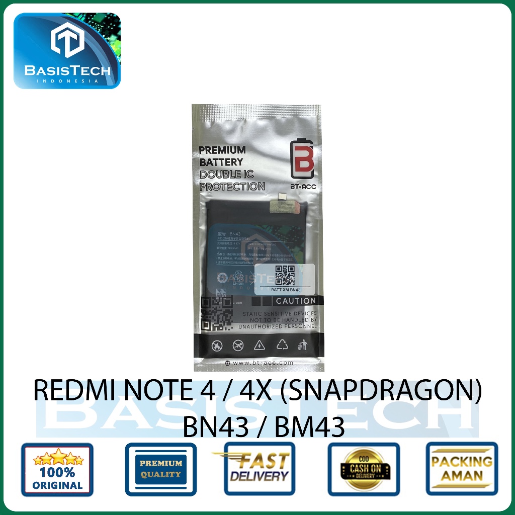 Jual BATERAI XIAOMI REDMI NOTE 4 4X SNAPDRAGON BN43 BM43 BT-ACC BASISTECH DOUBLE IC POWER ...
