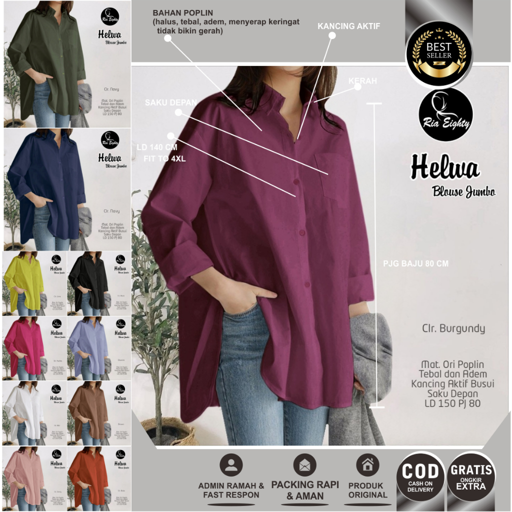 Jual [LANGSUNG KIRIM BISA COD] ATASAN BLUS KEMEJA HELWA WANITA JUMBO LD 150 CM COCOK UNTUK BB 95 ...