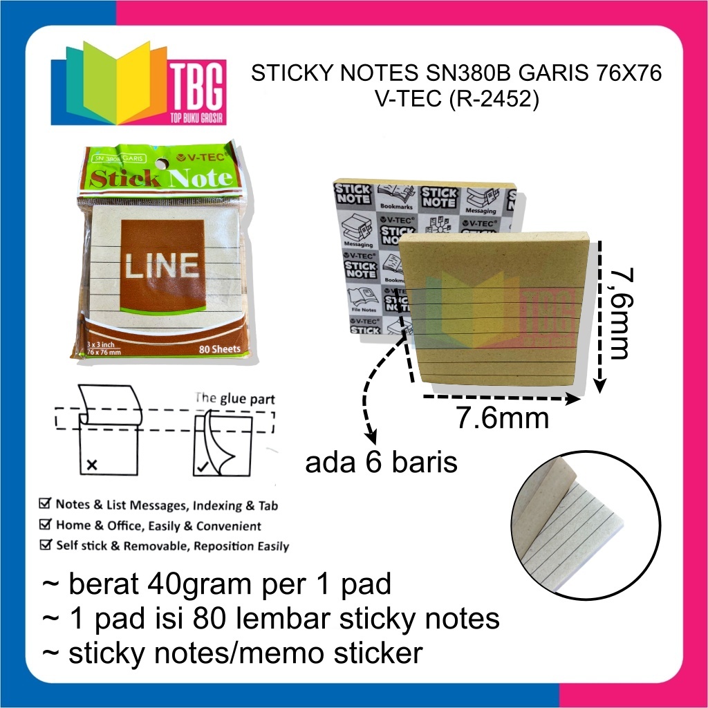 Jual 1 PAD (80 LEMBAR) STICK NOTES SN380B GARIS 76X76 V-TEC / STICKY ...
