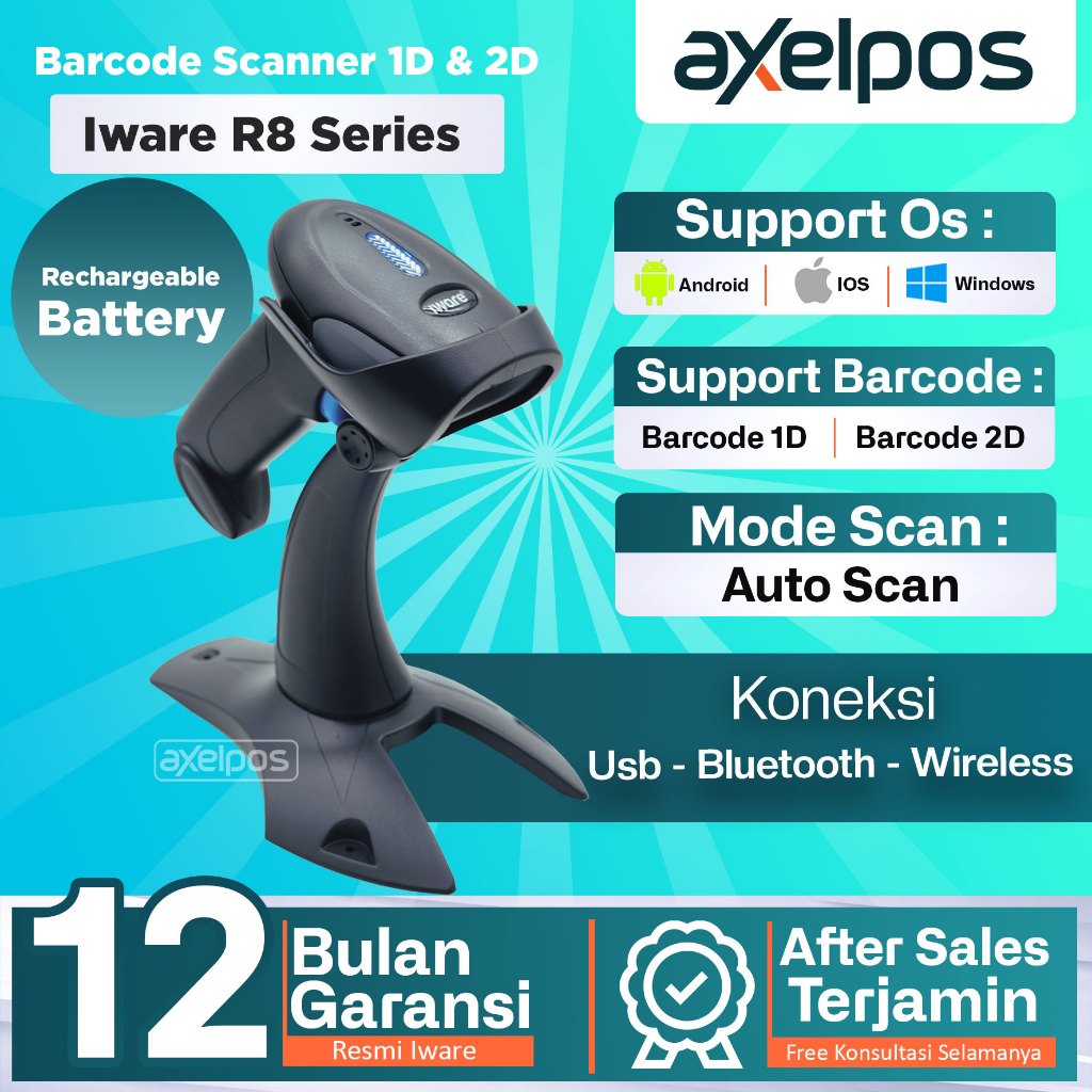 Jual Axelpos Barcode Scanner Usb Bluetooth Wireless 1D/2D Auto Scan ...