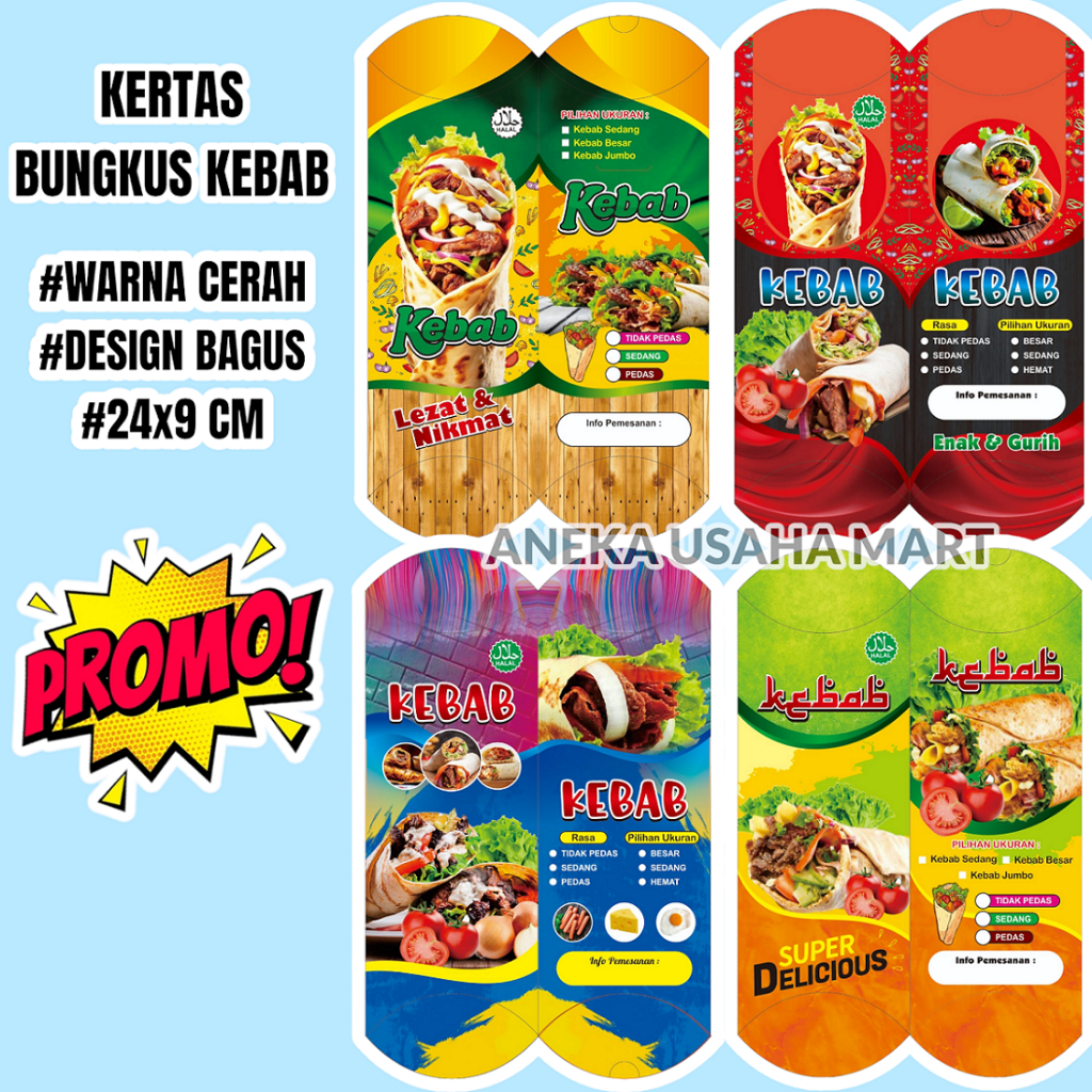 Jual 100 PCS KERTAS KEBAB 4 GAMBAR 24CM x 9CM BUNGKUS KEBAB - KEMASAN ...