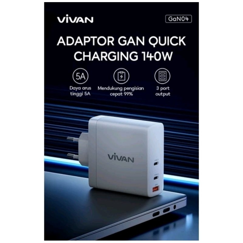 Jual VIVAN GaN04 140W GaN Quick Charging 3 Port USB-C USB-A Adaptor ...