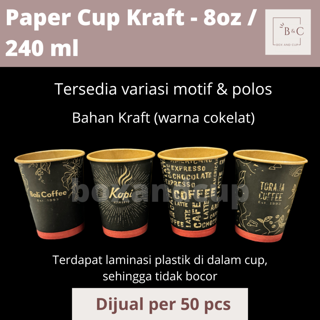 Jual Paper Cup / Gelas Kertas Panas Kraft / Craft Polos & Motif dan Tutup Murah / Kopi Coffee ...