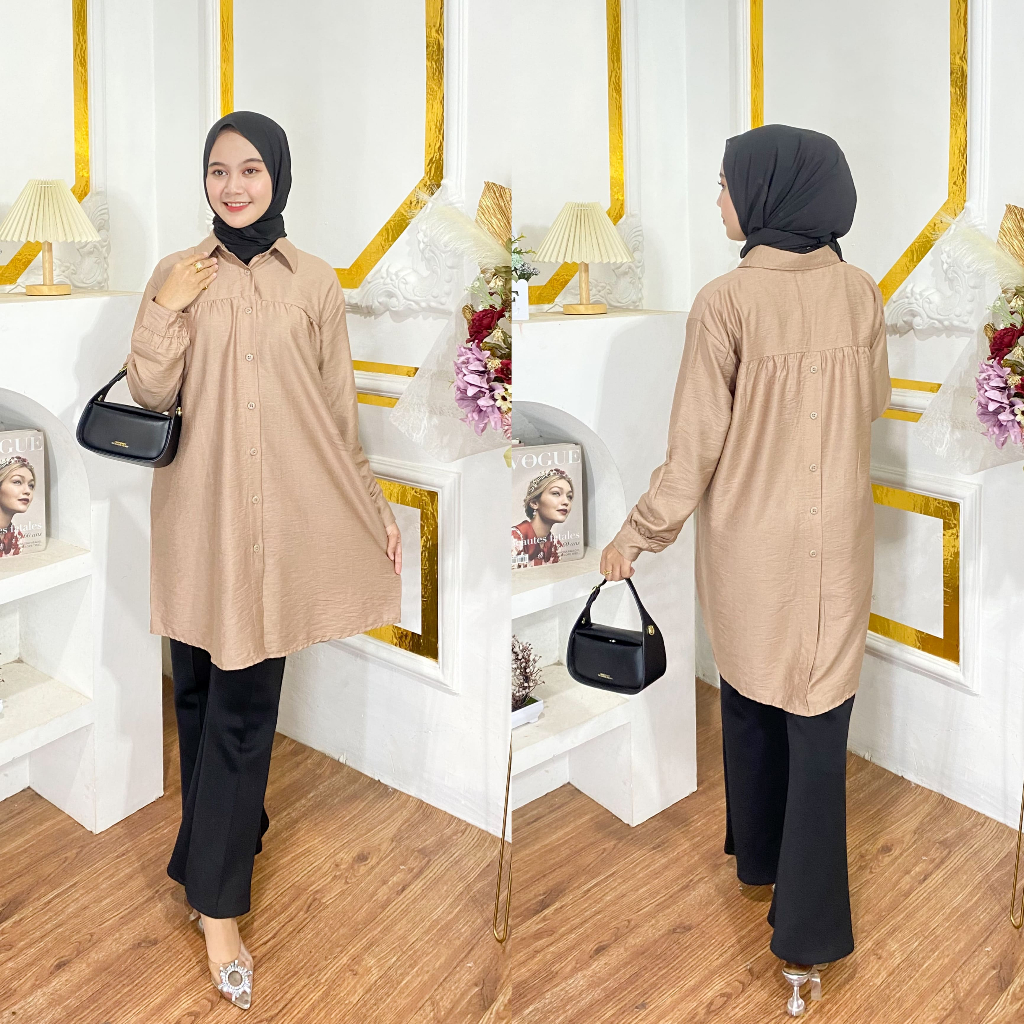 Jual ZULFA Tunik Polo Linen LD 110cm dan LD 125cm Variasi Kancing Belakang | Shopee Indonesia