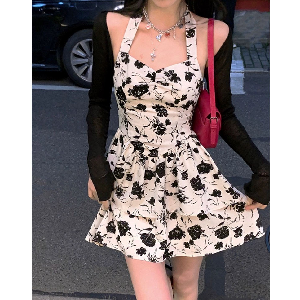 Jual Floral Halter Neck Mini Dress Wanita Retro Prancis Lucu Gaun ...