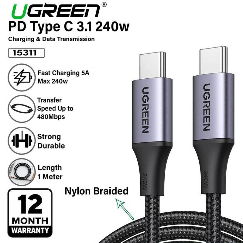 Jual Ugreen 15311 Type-C to C Nylon Cable 100cm 240w - Fast Quick Charge Charging iPhone Android ...