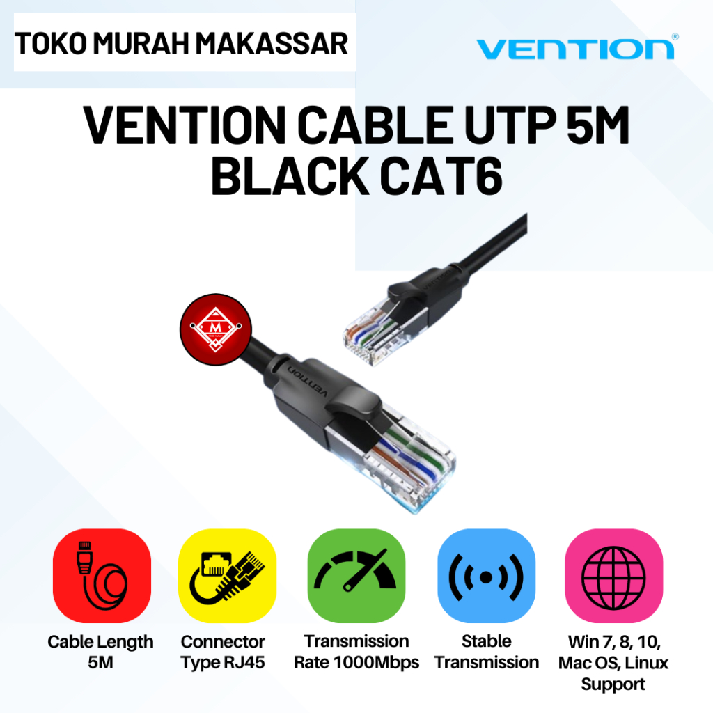 Jual VENTION CABLE UTP 5M BLACK CAT6 / KABEL LAN ETHERNET RJ45 Cat6 UTP ...