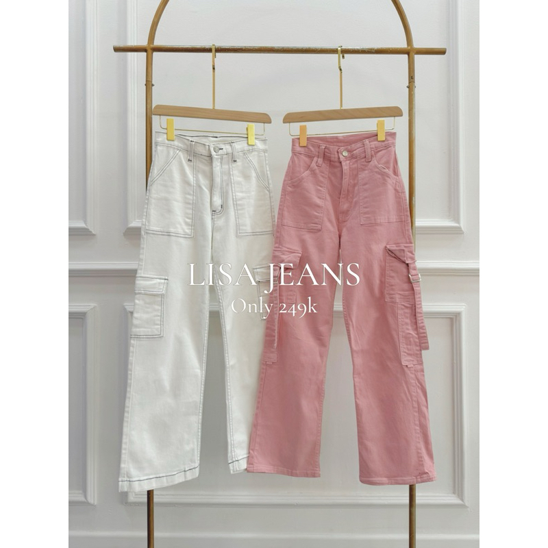 Jual Lisa Jeans | Good quality | High Waist Pink jeans | White Jeans ...