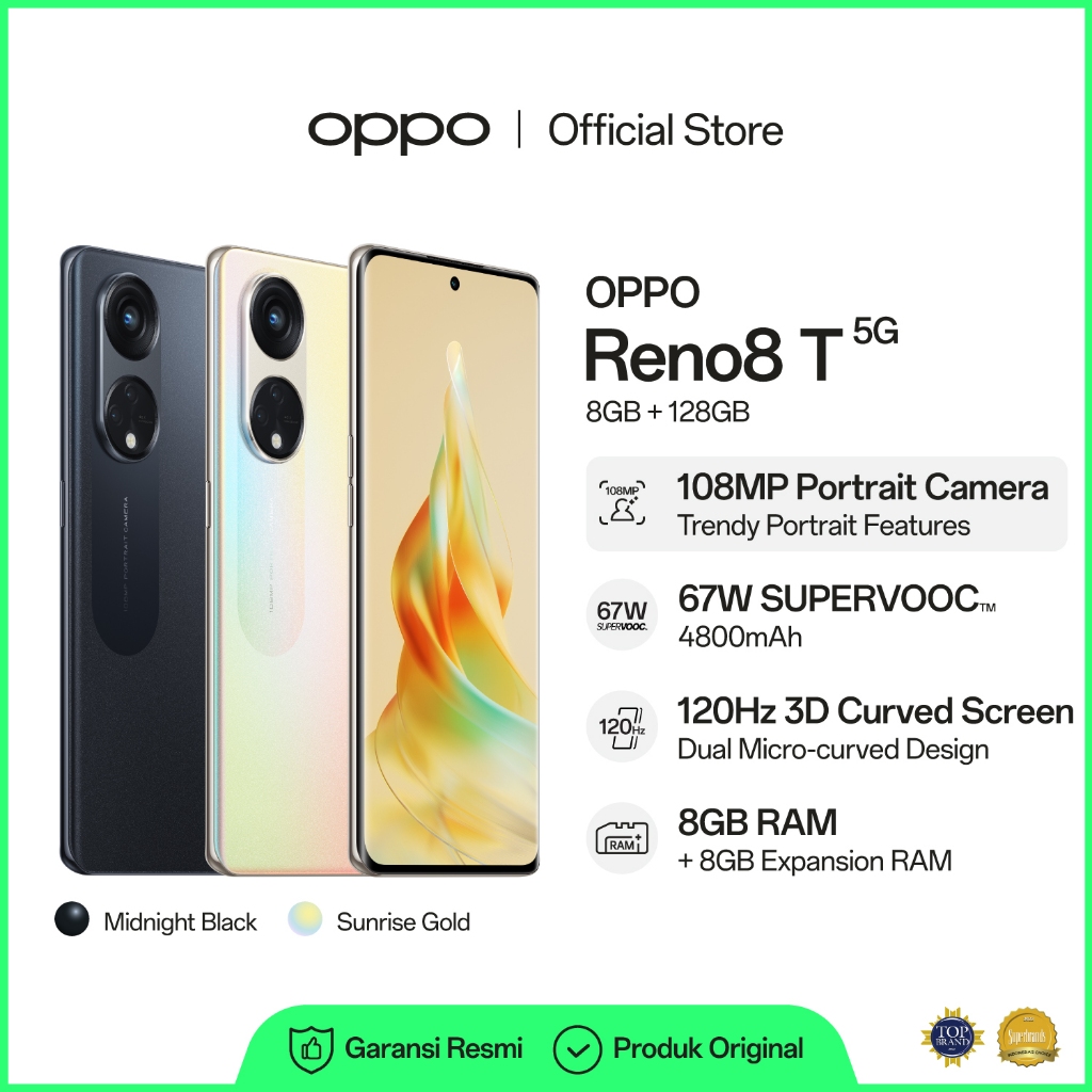 Jual OPPO Reno8 T 5G 8GB/128GB [108MP Portrait Camera, 120Hz 3D Curved Screen, 67W SUPERVOOC ...
