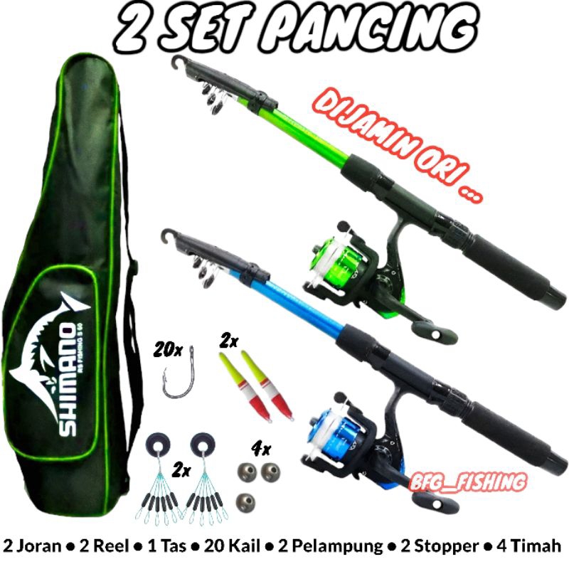 Jual 2 Set Joran 150cm dan Reel Pancing Biru Hijau Plus Tas Bonus Kail ...