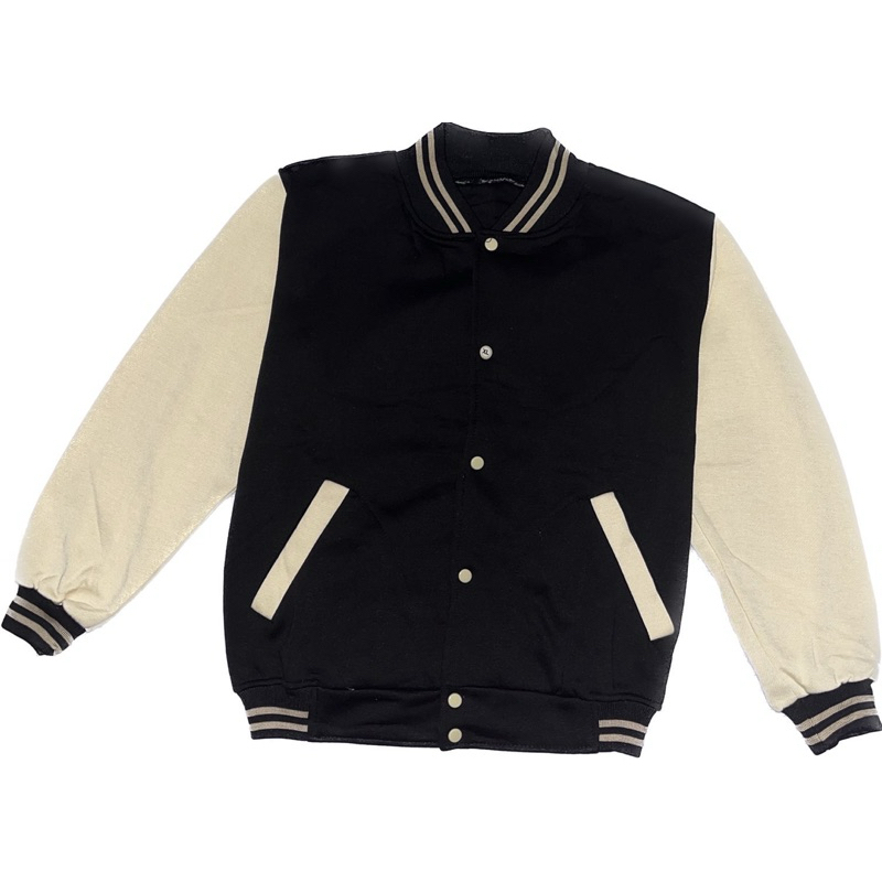 Jual Jaket Baseball Varsity Polos Hitam Lengan Cream Unisex | Shopee ...