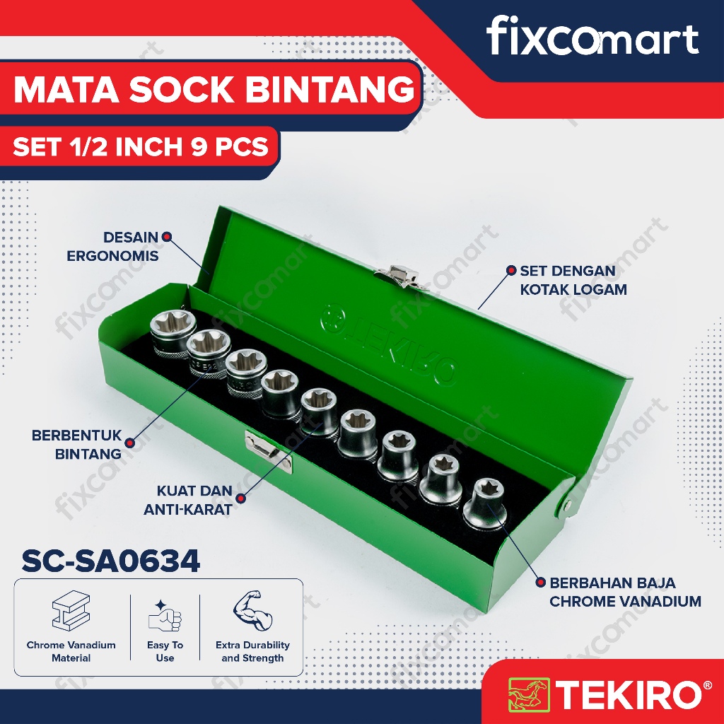 Jual Tekiro Mata Sock Bintang Set 1/2 Inch 9 Pcs (E10 - E24) / Tekiro Star Socket Set | Shopee ...