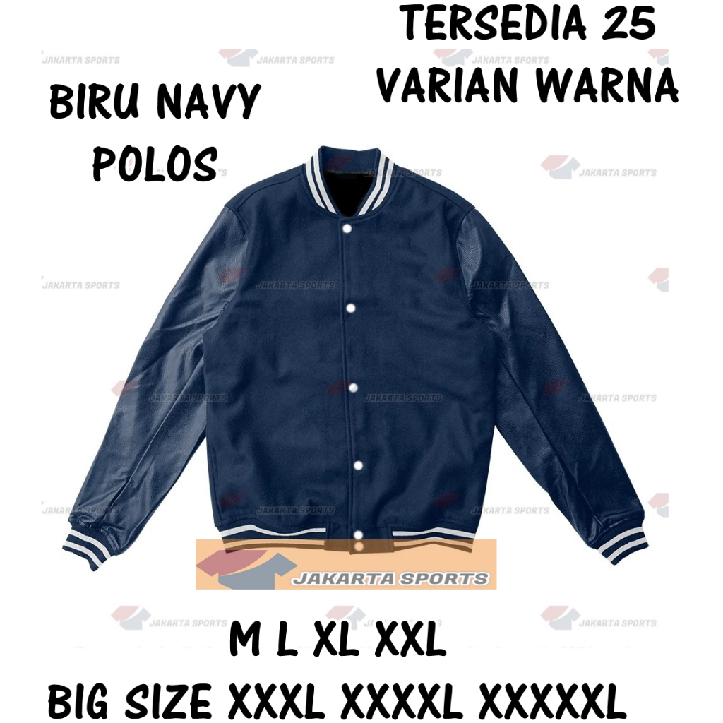 Jual JAKET VARSITY BIRU NAVY POLOS BASEBALL PRIA WANITA MURAH BOMBER ...