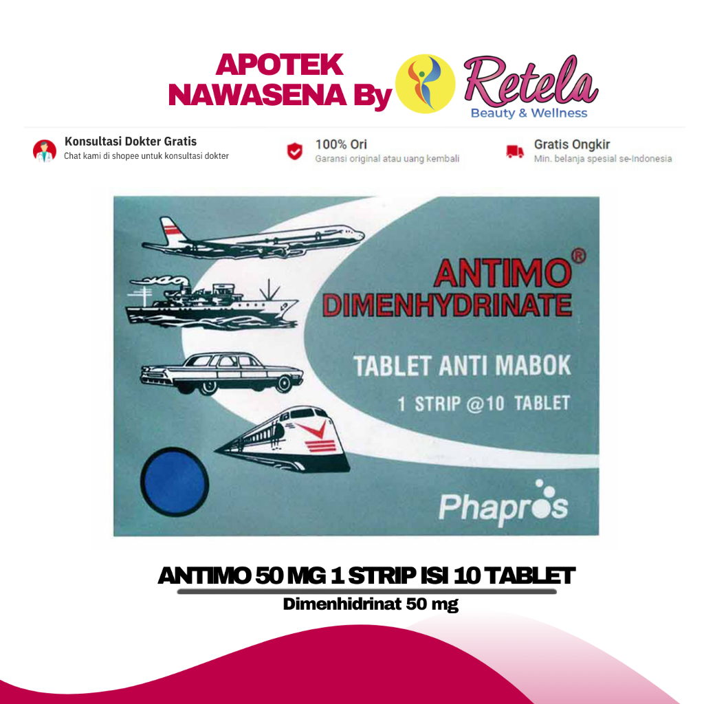 Jual ANTIMO 50 MG 1 STRIP ISI 10 TABLET / MENGATASI MABUK / MUNTAH ...