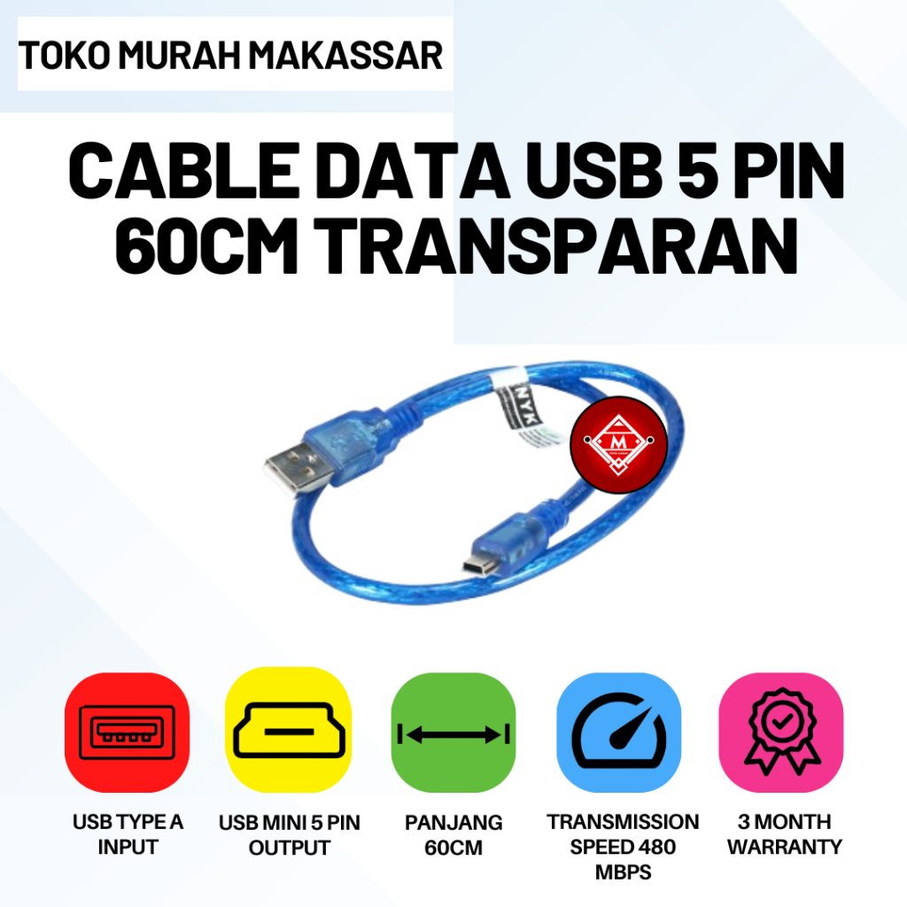 Jual KABEL USB 5 PIN 60CM TRANSPARANT CABLE DATA 5 PIN TO USB / CAB13 ...