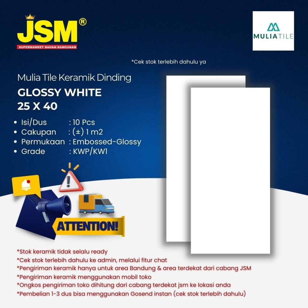Jual Mulia Tile Keramik Dinding Glossy White / Putih Glossy 25x40 - JSM Supermarket Bahan ...