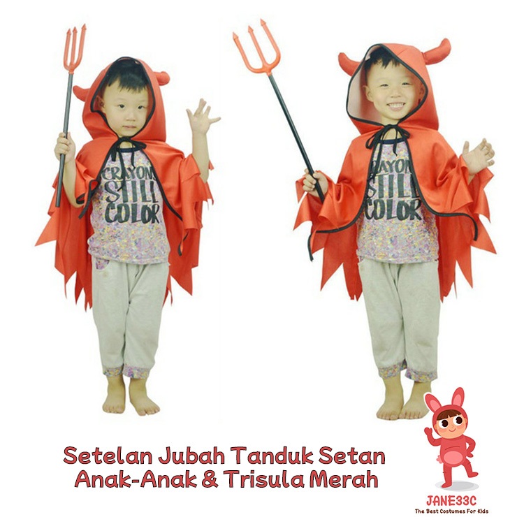 Jual Setelan Jubah Tanduk Setan Anak-anak & Tongkat Garpu Merah ...