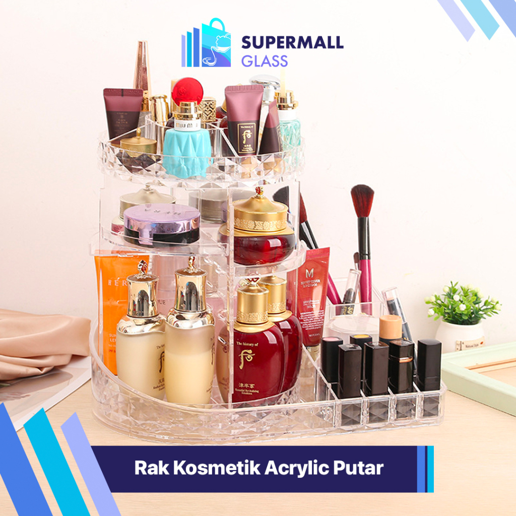 Jual Supermall Glass COD Rak Make Up Kosmetik Petak Acrylic Putar 360 Derajat Diamond Transparan ...