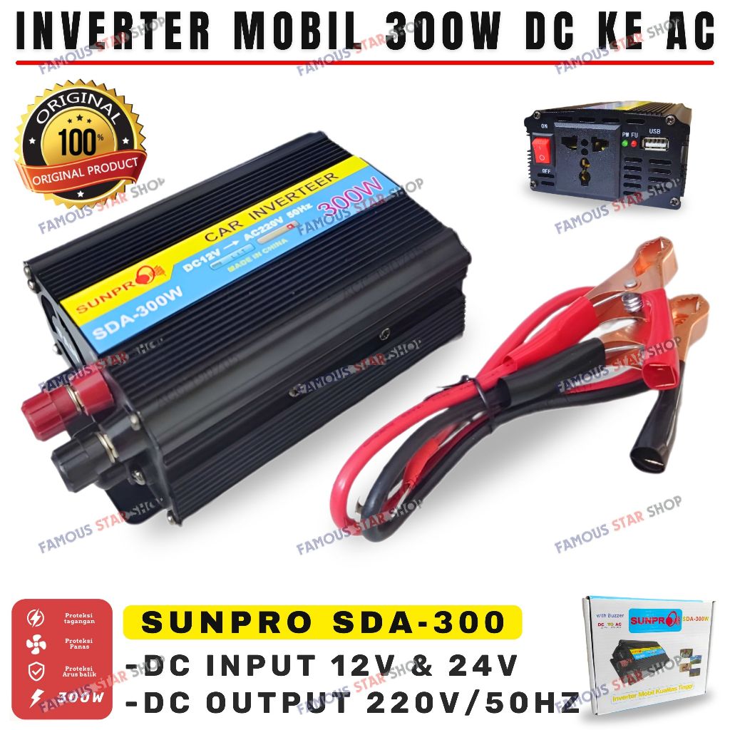 Jual Inverter Mobil Power DC To AC 300 Watt SUNPRO SDA-300 With USB 5V / Power Inverter 300 Watt ...