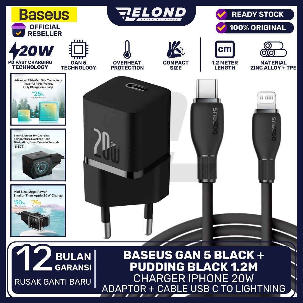 Jual Baseus Charger iPhone 20W GaN 5 Mini Adaptor + USB C to Lightning ...