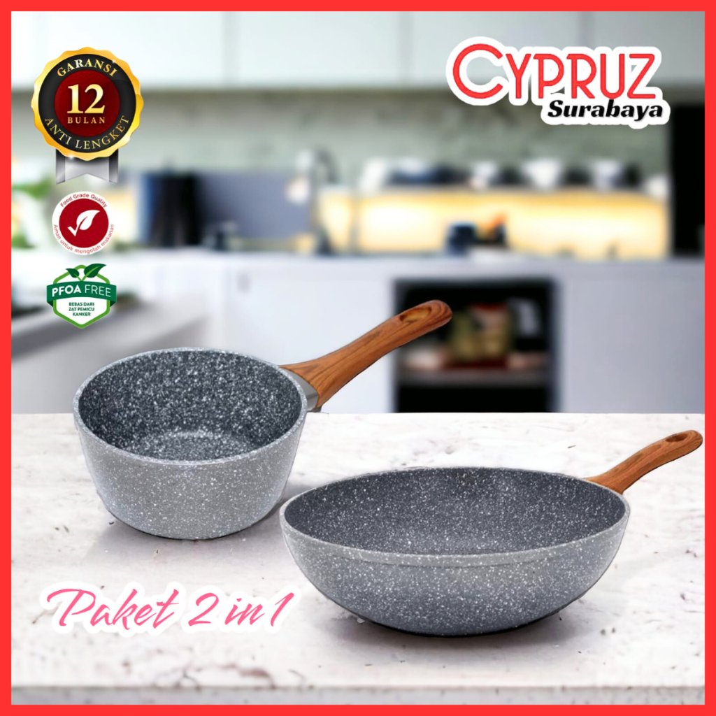 Jual Cypruz Cookware Set 2 Pcs Marble Fry Wok 26cm + Sauce Pan 18cm Panci Wajan Anti Lengket ...