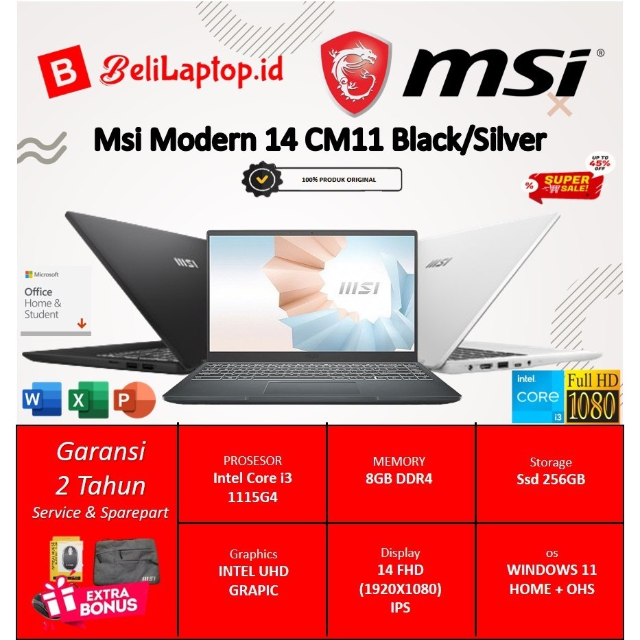 Jual laptop kerja msi modern intel core i3 8GB 256GB SSD 14 inch Full ...