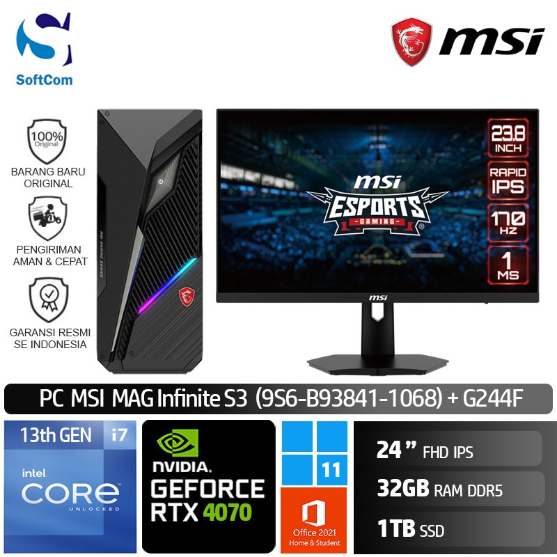 Jual MSI PC MAG Infinite S3 1068 i7 13700F/32GB/1TB SSD/RTX4070/24"/W11+OHS | Shopee Indonesia