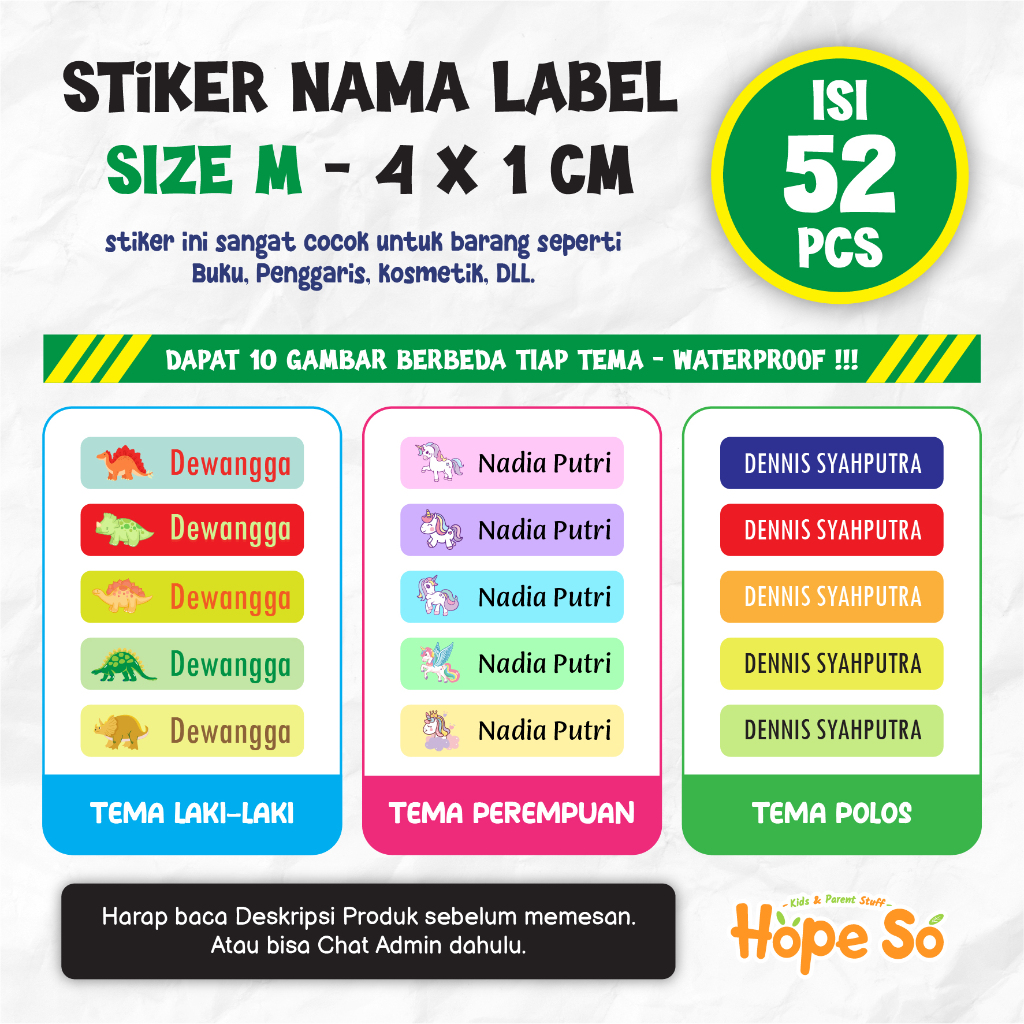 Jual Stiker Label Nama Custom Waterproof Ukuran M (Isi 52 pcs) - HOPE ...