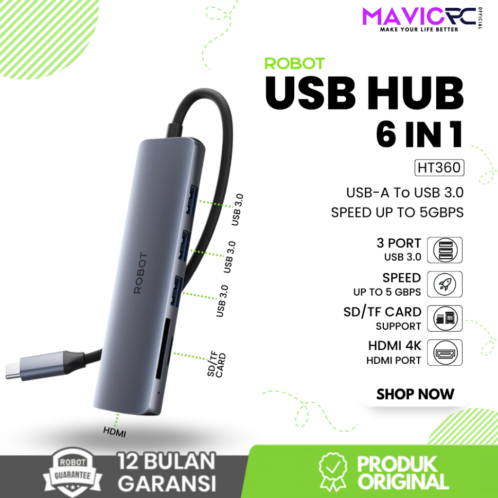 Jual ROBOT HT360 Multiport 6 in1 USB Type C HUB Adapter USB 3.0 HDMI SD/ TF Card Lightweight ...