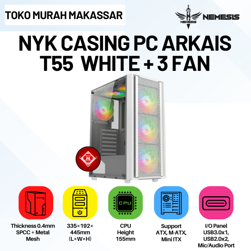 Jual Casing PC NYK Nemesis Arkais T55 include 3 Fan - Gaming Case ATX White / CASE12-NYK ...