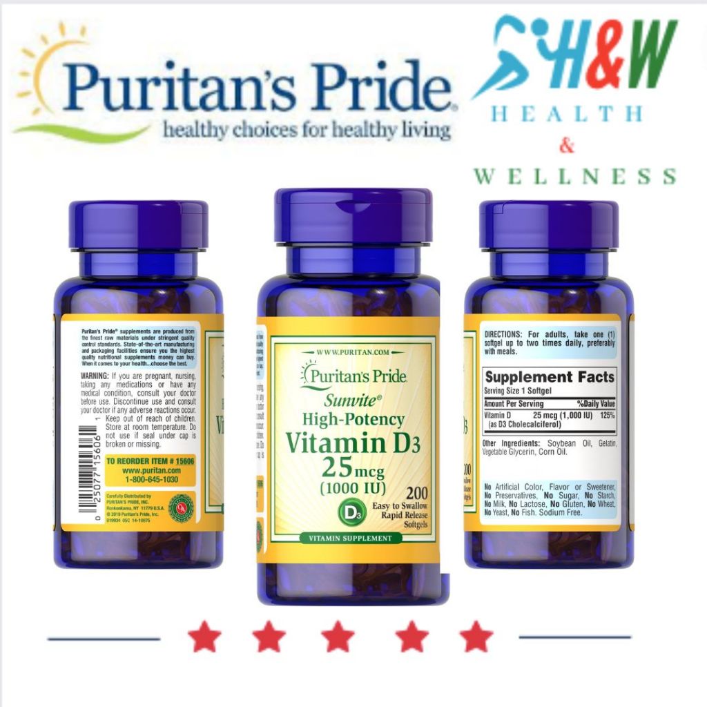 Jual Suplemen Vitamin D3 1000 iu (25mcg) Puritan isi 200 softgels | Shopee Indonesia