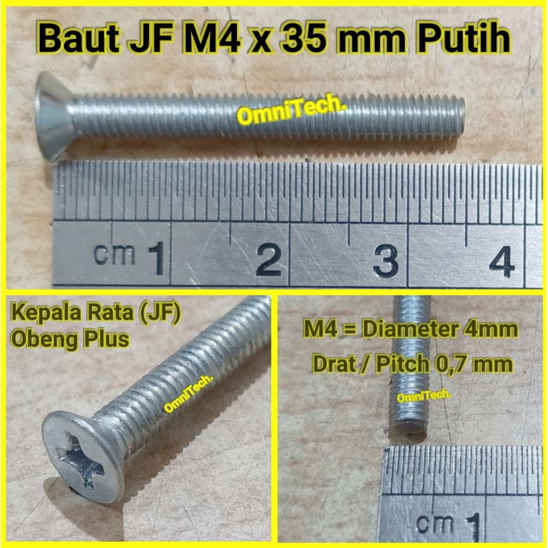 Jual Baut JF Kepala Rata Obeng Plus M4 x 35 mm Putih Panjang 3,5cm 3,5 ...